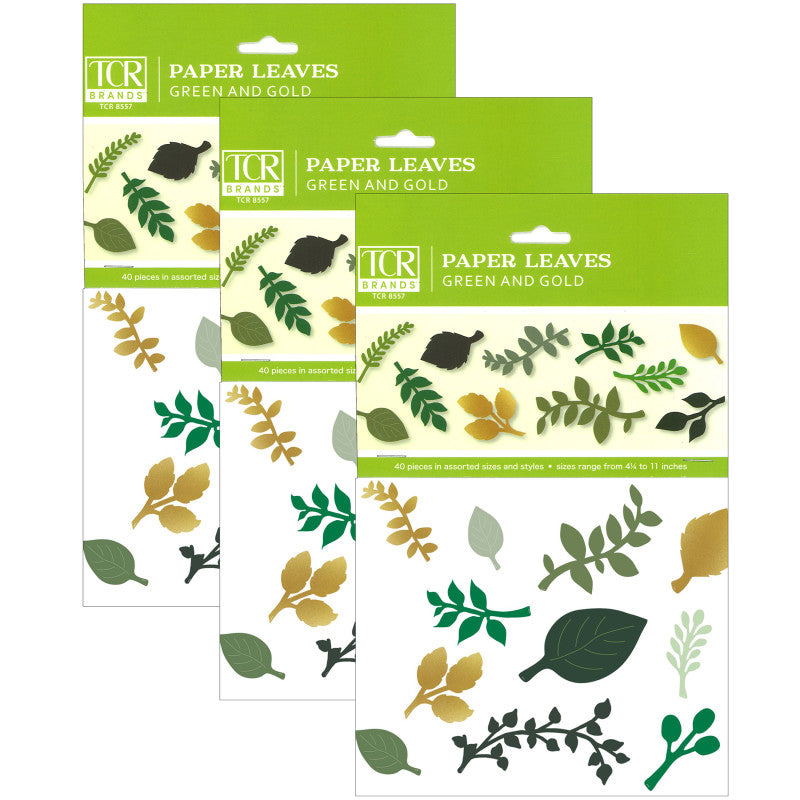 TEACHER CREATED RESOURCES - Green and Gold Paper Leaves, 40 Per Pack,