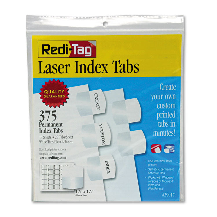 Redi-Tag - Laser Printable Index Tabs, 1/5-Cut, White, 1.13" Wide, 375